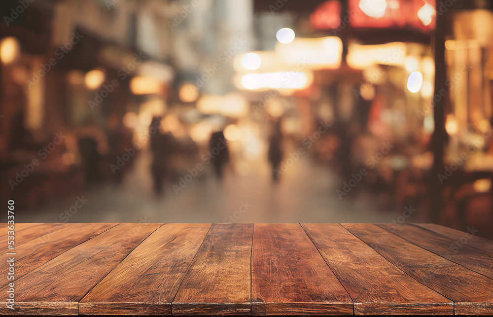 Empty wood table top on blur abstract of street restaurant outdoor ...