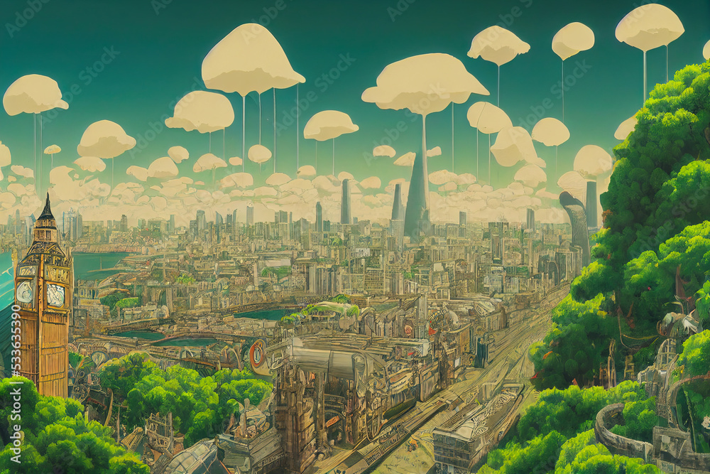 Cityscape of London with Big Ben and the Shard in view. Cartoon style ...