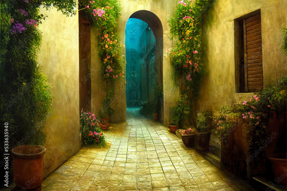 Mediterranean alleyway street illustration lined up with pink flowers ...