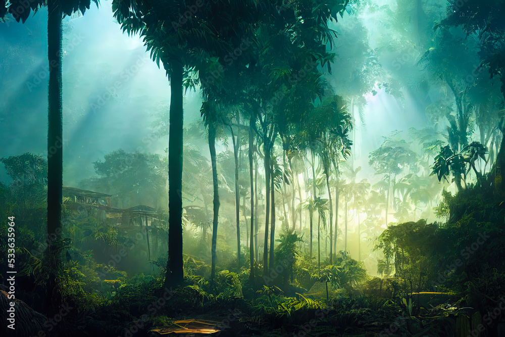 Fototapeta Tropical palms submerged in a morning mist illuminated by ...