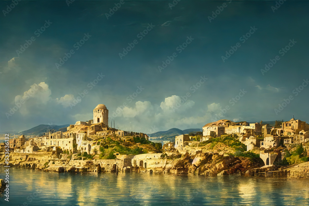 Medieval painting of a port city by the sea. Scenic historic landscape ...