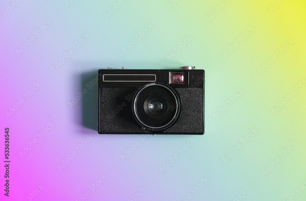 Vintage film camera on a color minimal background. Photography, hipster ...