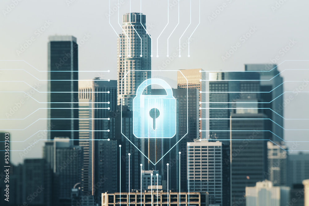Virtual creative lock symbol and microcircuit illustration on Los ...