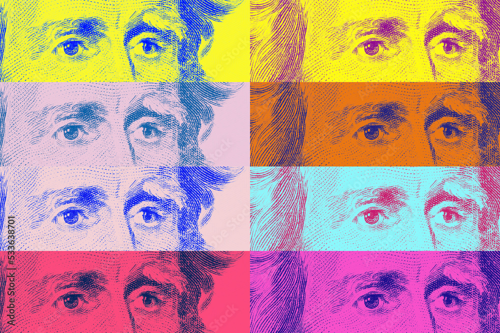 Contemporary artwork close up president banknotes face. Digital texture ...