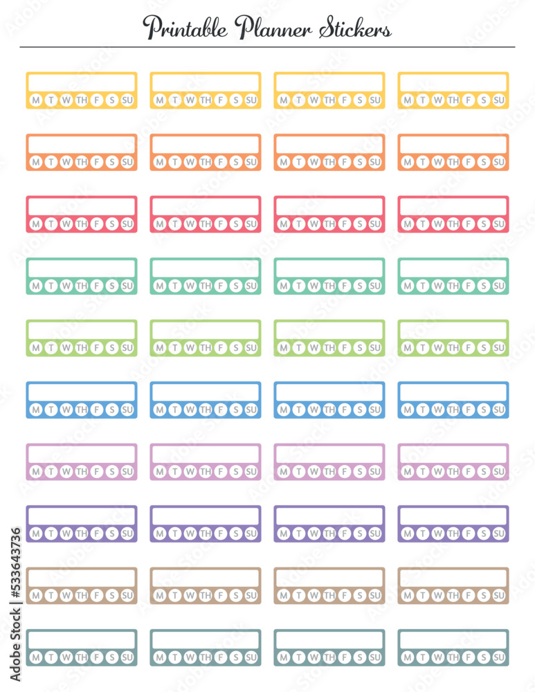 Colored weekly calendar sticker for planner. Printable sheet Stock ...