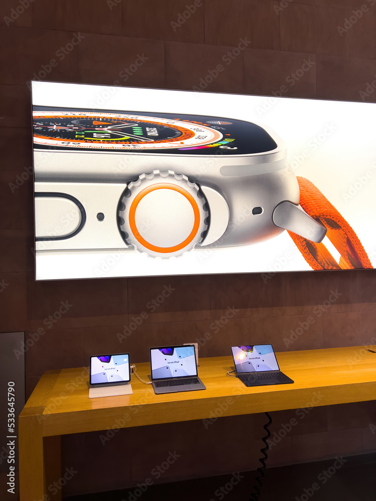 Paris, France - Sep 16, 2022: Advertising ooh board inside Apple store ...