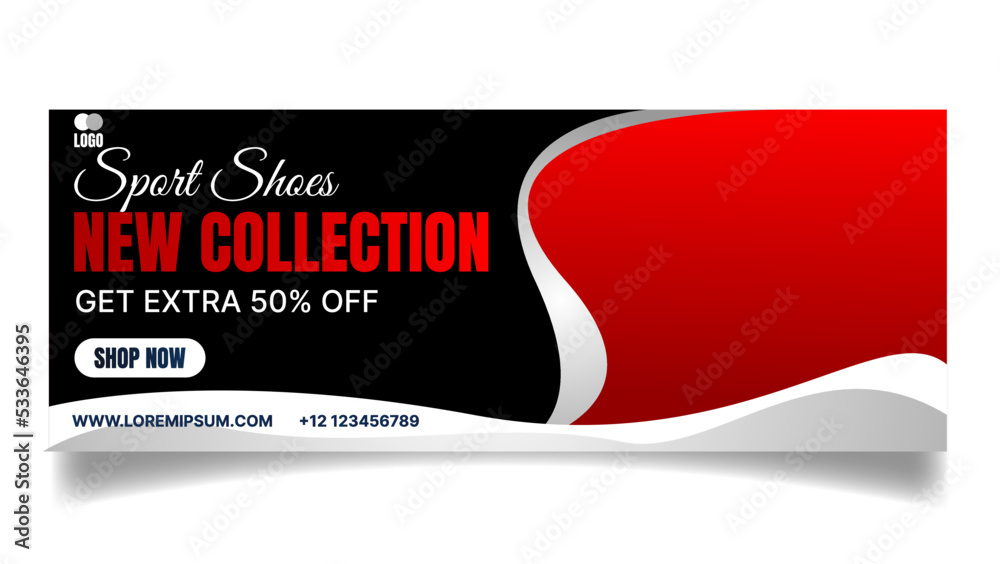 sport shoes banner design for social media banner in red, black and ...
