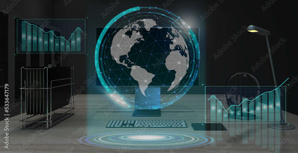 3d rendering of 3d screen with technology in the front layer of ...
