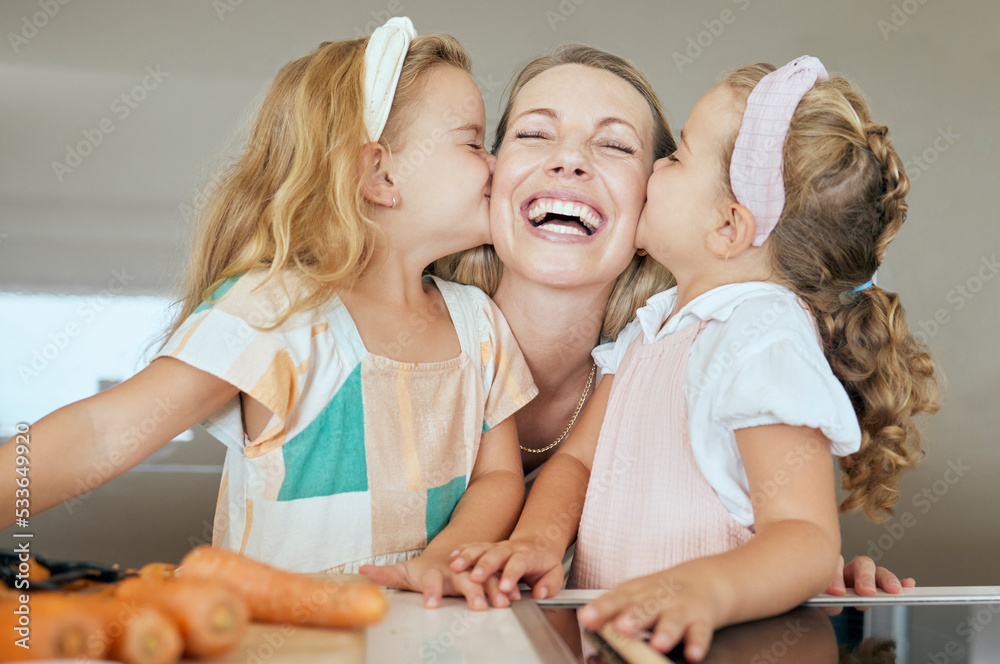 Happy, family and young girls kiss mother in joyful face, smile ...