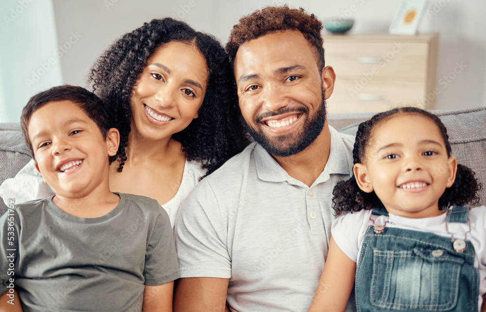 Smile, love and portrait of happy family in living room together for ...