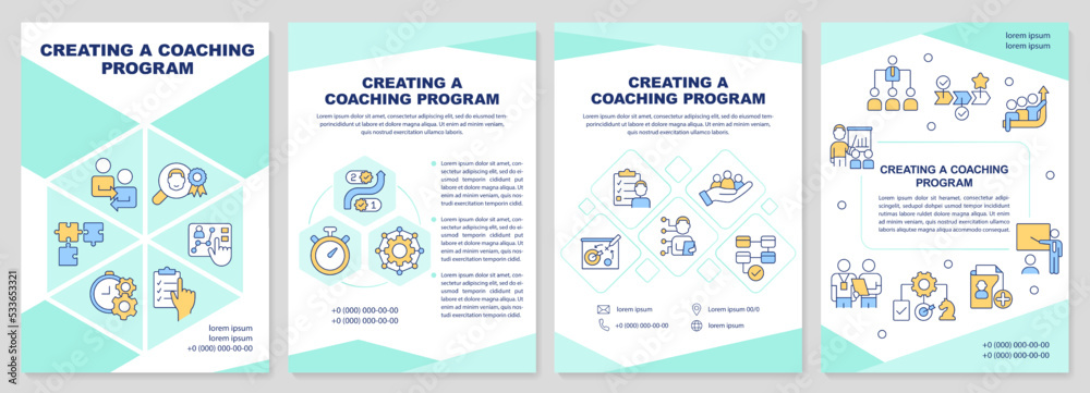 Creating coaching program mint brochure template. Leaflet design with ...