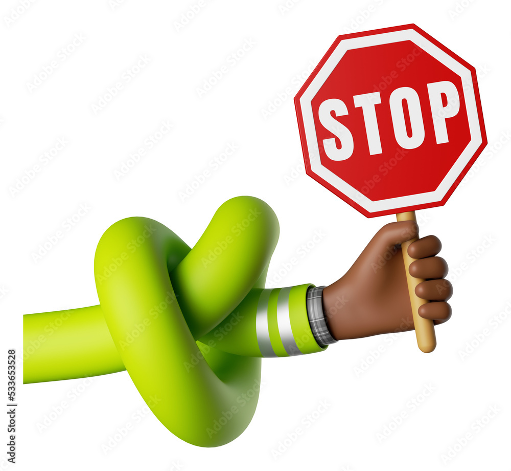 3d render, cartoon african human hand with dark skin holds red stop ...