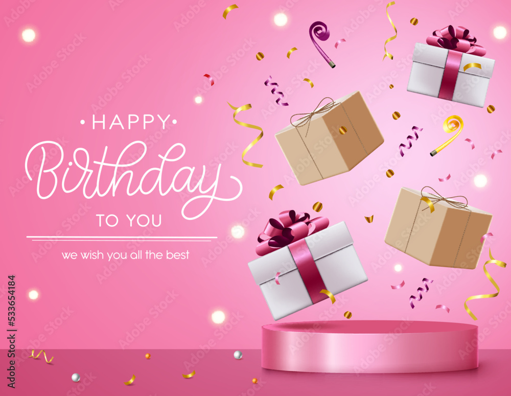 Happy birthday gifts vector design. Happy birthday text in pink ...