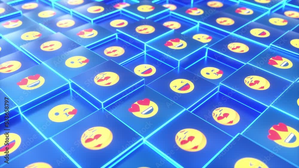 This stock motion graphics video shows a 3D tiles movement with emojis texture a seamless loop ...