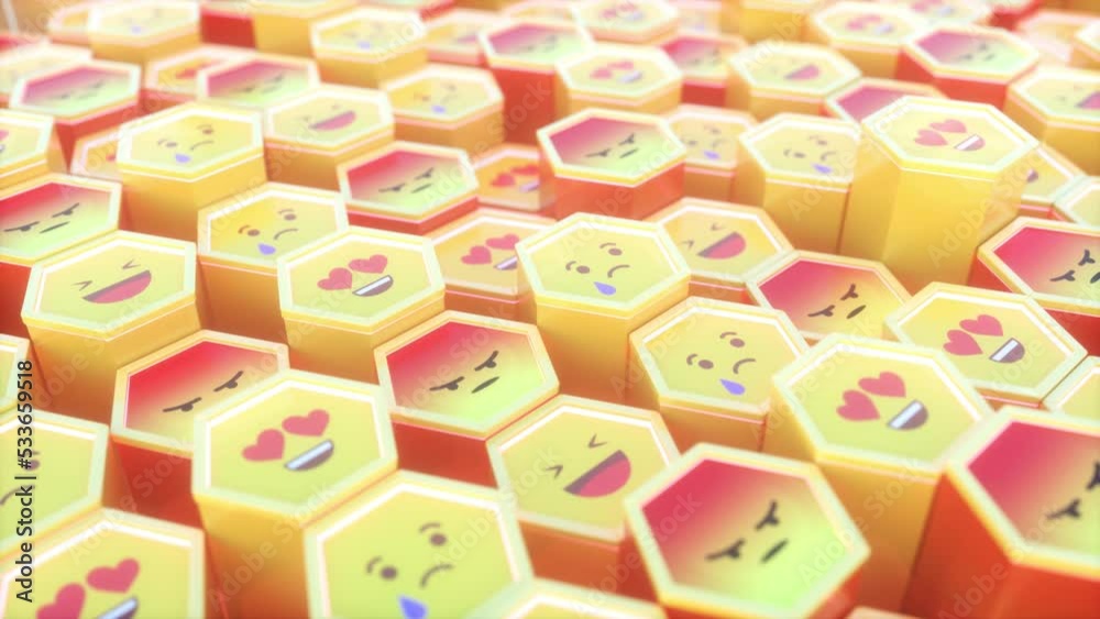 This stock motion graphics video shows a 3D tiles movement with emojis ...