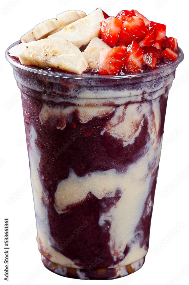 Brazilian frozen açaí in a plastic cup with condensed milk and ...