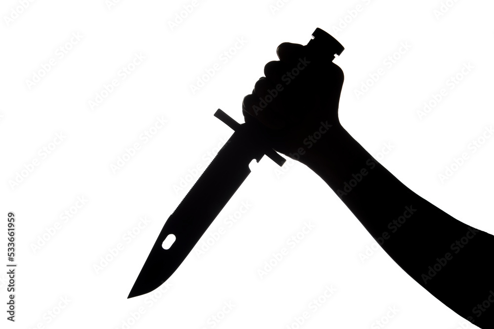 Silhouette man hand holding a knife with clipping path isolated on ...