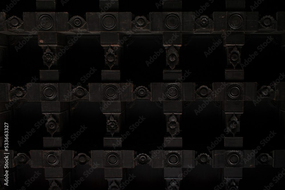 Beautiful decorated wooden window background. dark window architecture ...