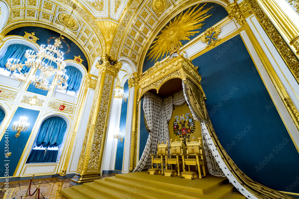 Russian royal throne in Andreevsky Hall of the Grand Kremlin Palace in ...