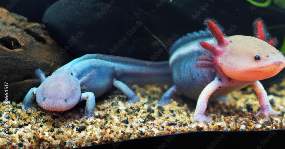 Two Axolotl Swim Close Up Portrait in Underwater Aquarium. Axolotl ...