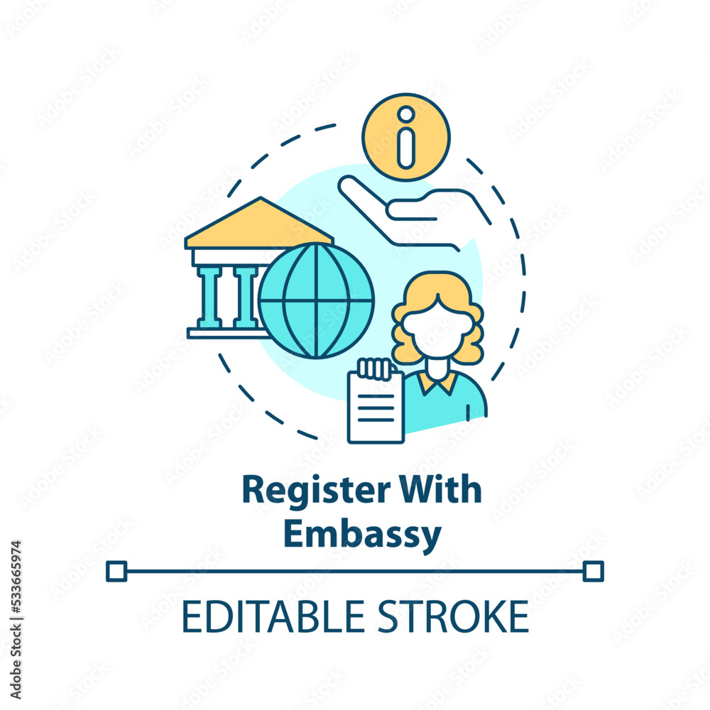 Register with embassy concept icon. Legal identification document ...