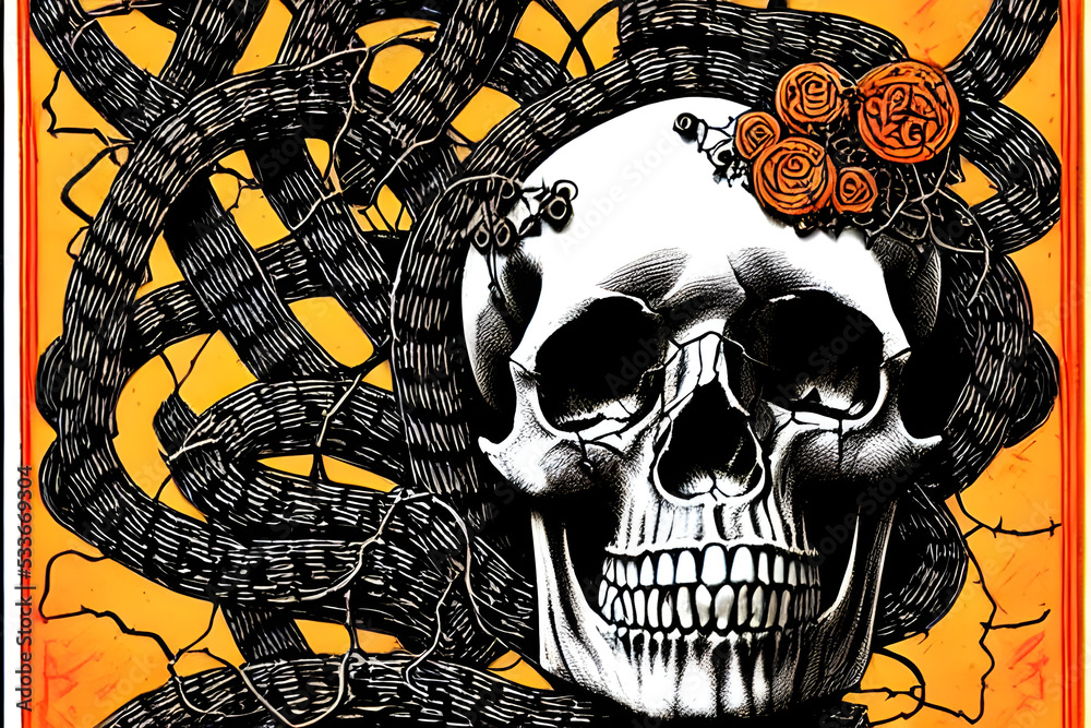 tarot card of a human skull wrapped in vines on black paper with ...