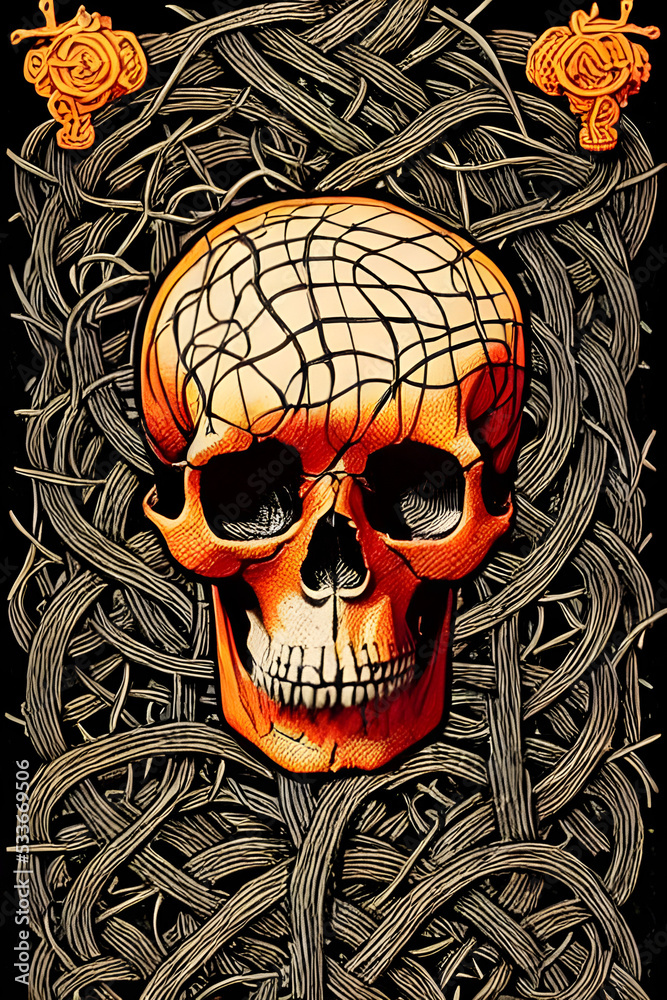 tarot card of a human skull wrapped in vines on black paper with ...