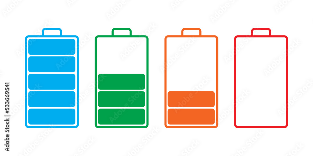 Battery charge indicator. Battery dry set. Set of battery charge level ...