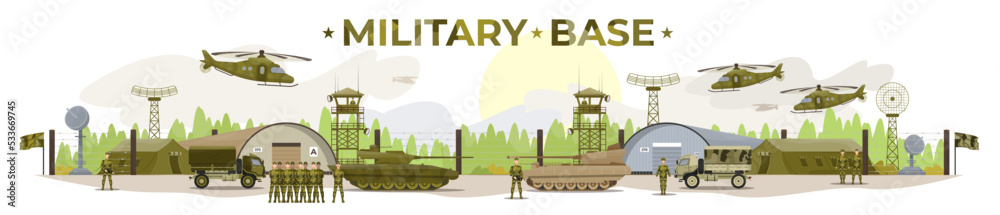 Military base including soldiers, helicopters, tanks, tents, storage ...