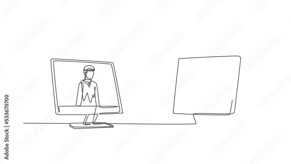 Animated self drawing of continuous line draw two monitors are standing ...