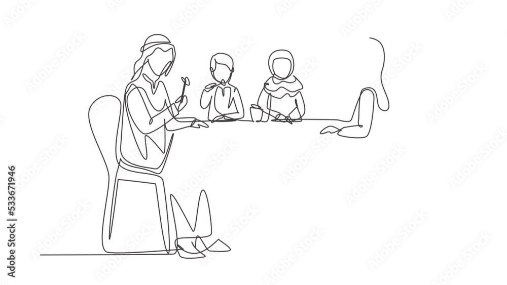 Animated self drawing of continuous one line draw Arabian family eating ...