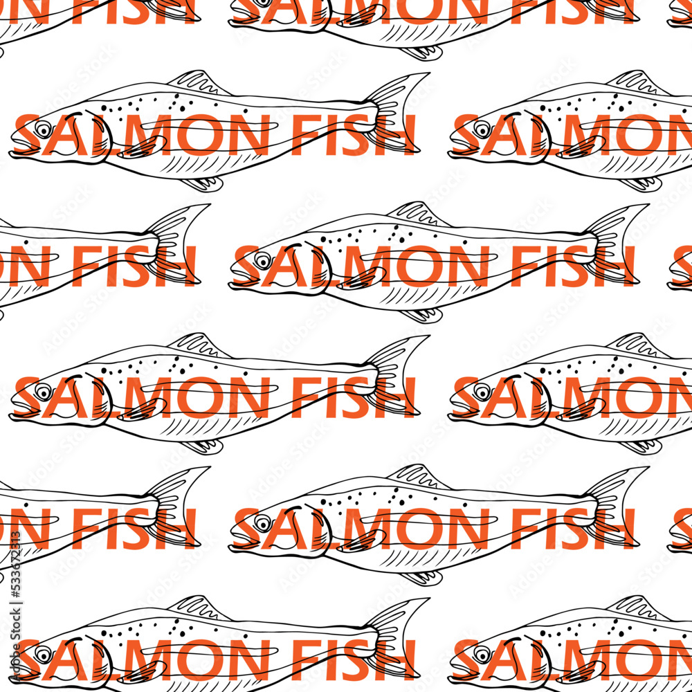 Sea fish doodle for pattern. Salmon swims to spawn up river. Seamless ...