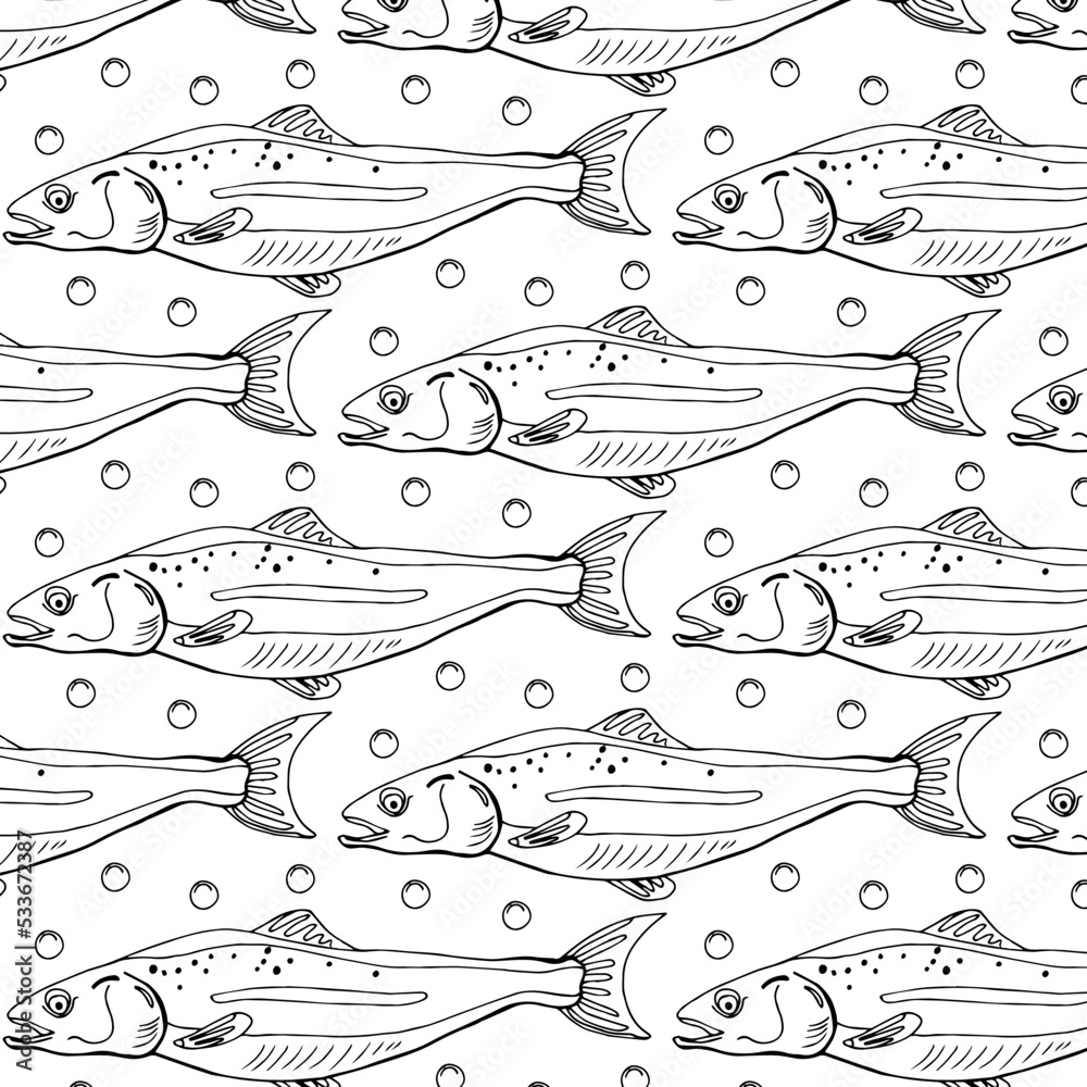 Sea fish doodle for pattern. Salmon swims to spawn up river. Seamless ...