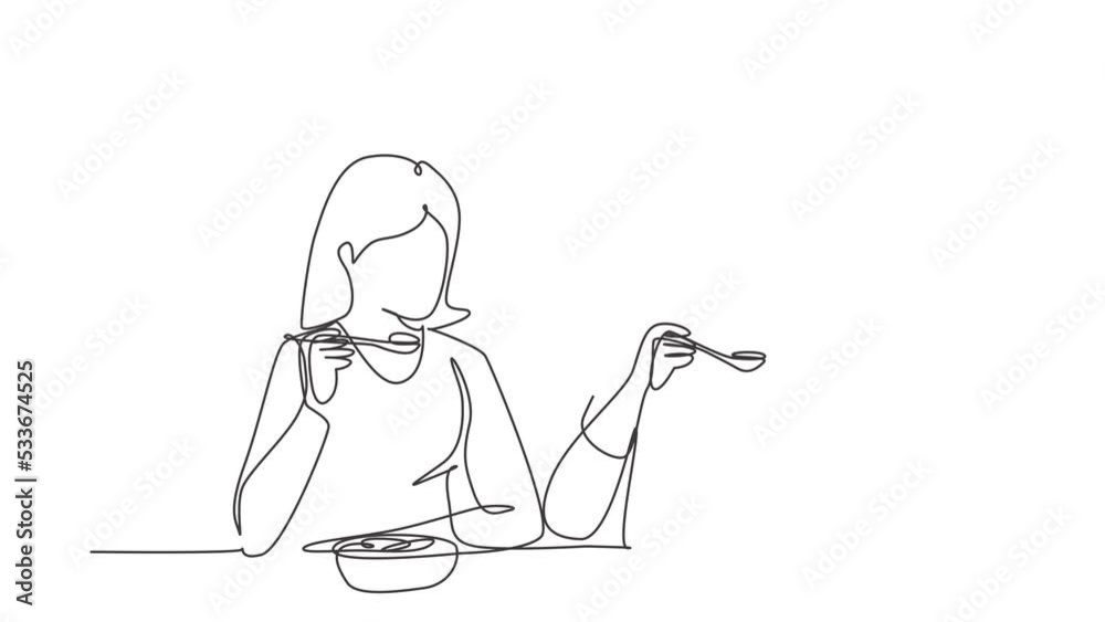 Animated self drawing of continuous line draw young couple having salad ...