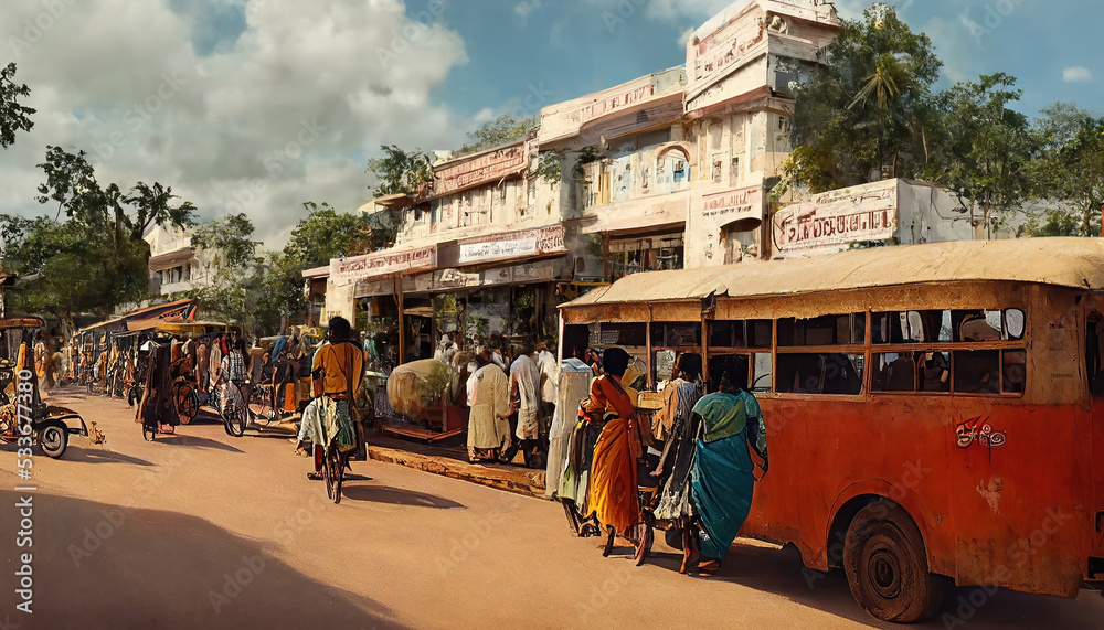 AI generated image of the town square of a small Indian town in the ...