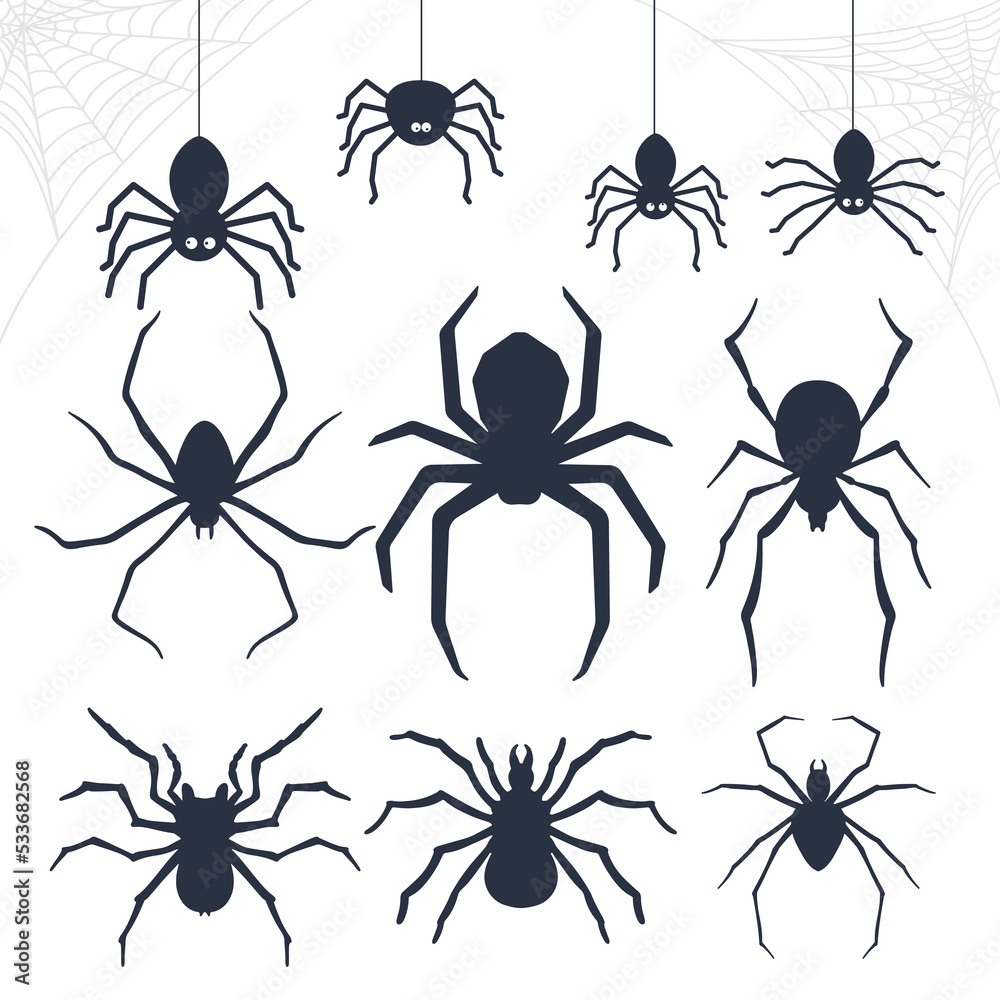Set of silhouette of black spiders. Black spiders hanging on a web. Use ...