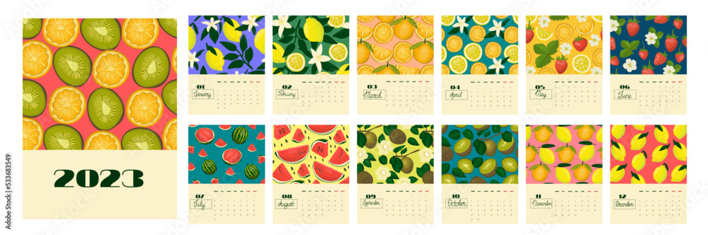 Calendar template for 2023. Vertical design with fruits and berries ...