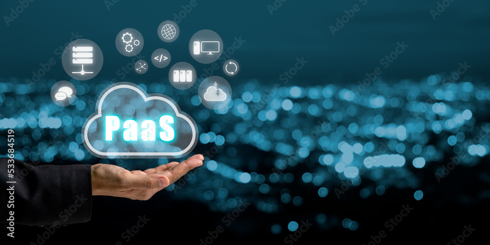 PaaS - Platform as a service, Businesswoman hand holding Paas icon on ...