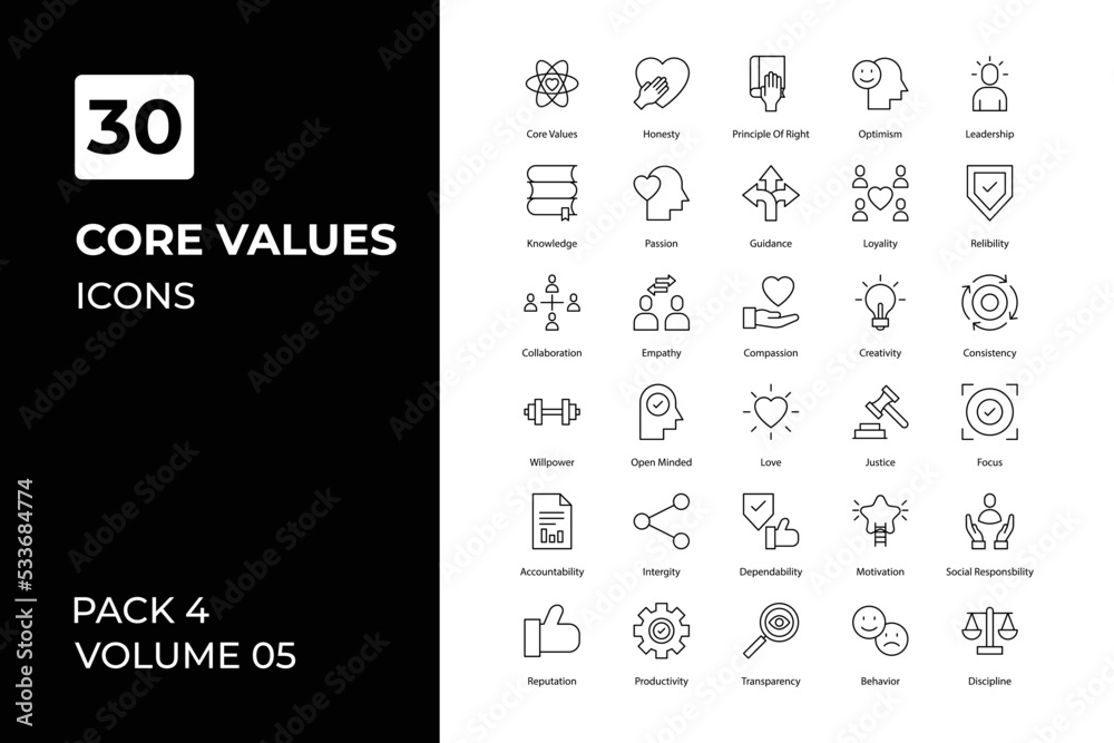 Core Values icons collection. Set vector line with elements for mobile ...