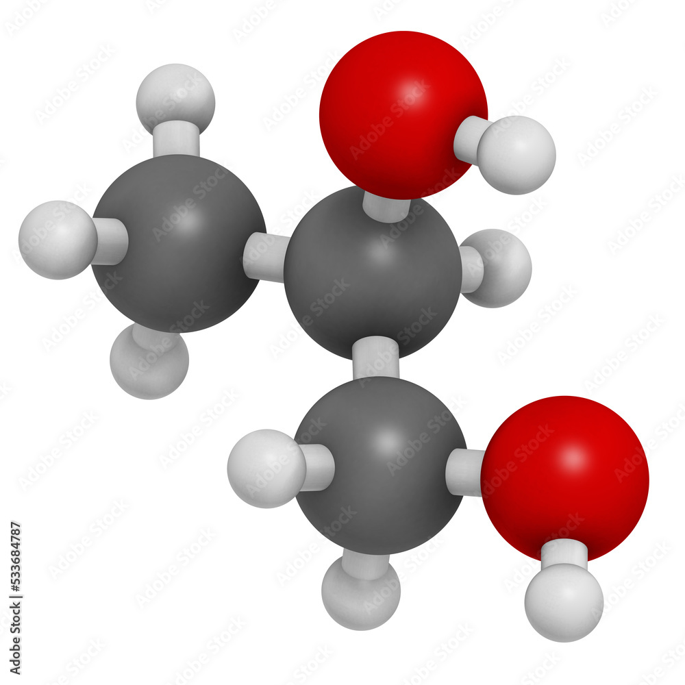 Propylene glycol (1,2-propanediol) molecule. Used as solvent in ...