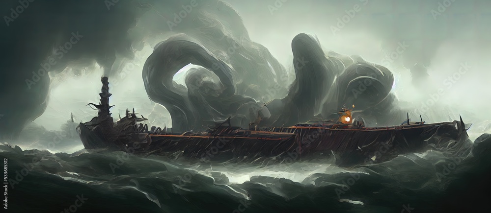 Howard Lovecraft sea monster stands Behind a ship at Sea, attacking a ...