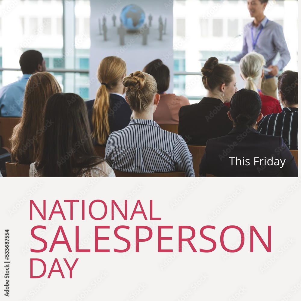 Image of national salesperson day and group of diverse people during ...