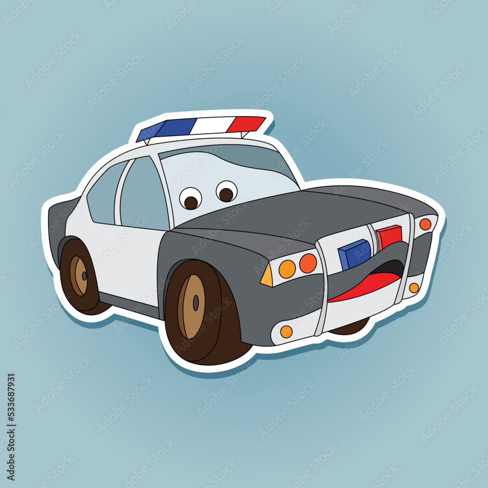 Cartoon police car sticker for boys. Small funny vector cute vehicle ...