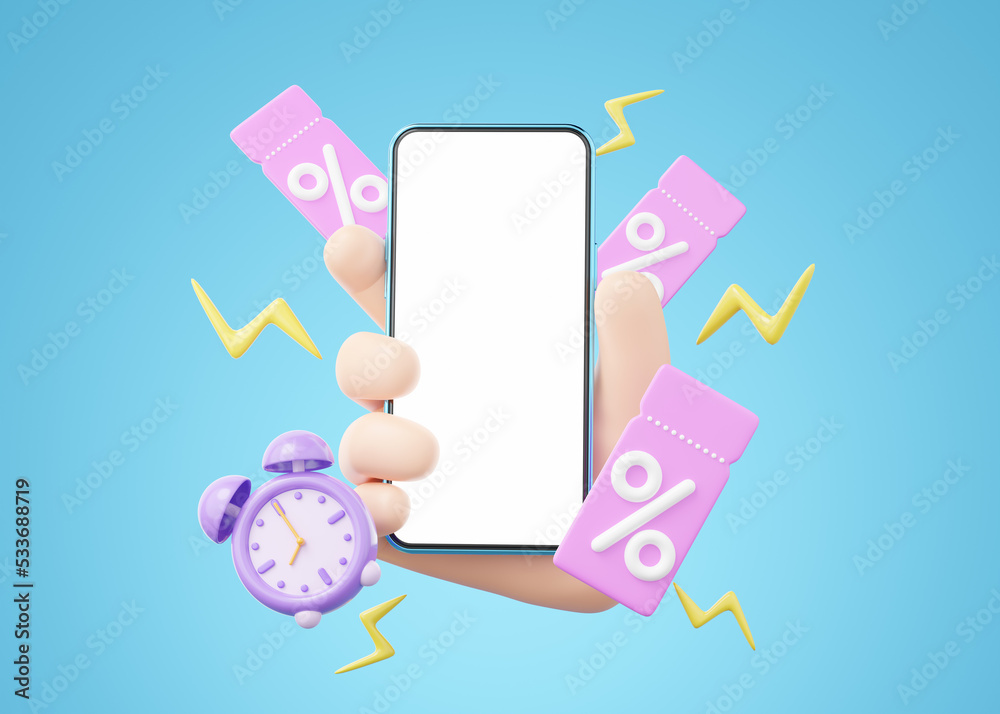 3D Hand hold smartphone. Alarm clock discount price tag floating ...