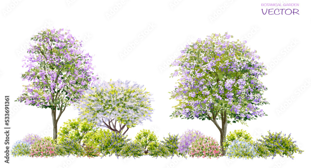 Vector watercolor blooming flower tree side view isolated on white ...