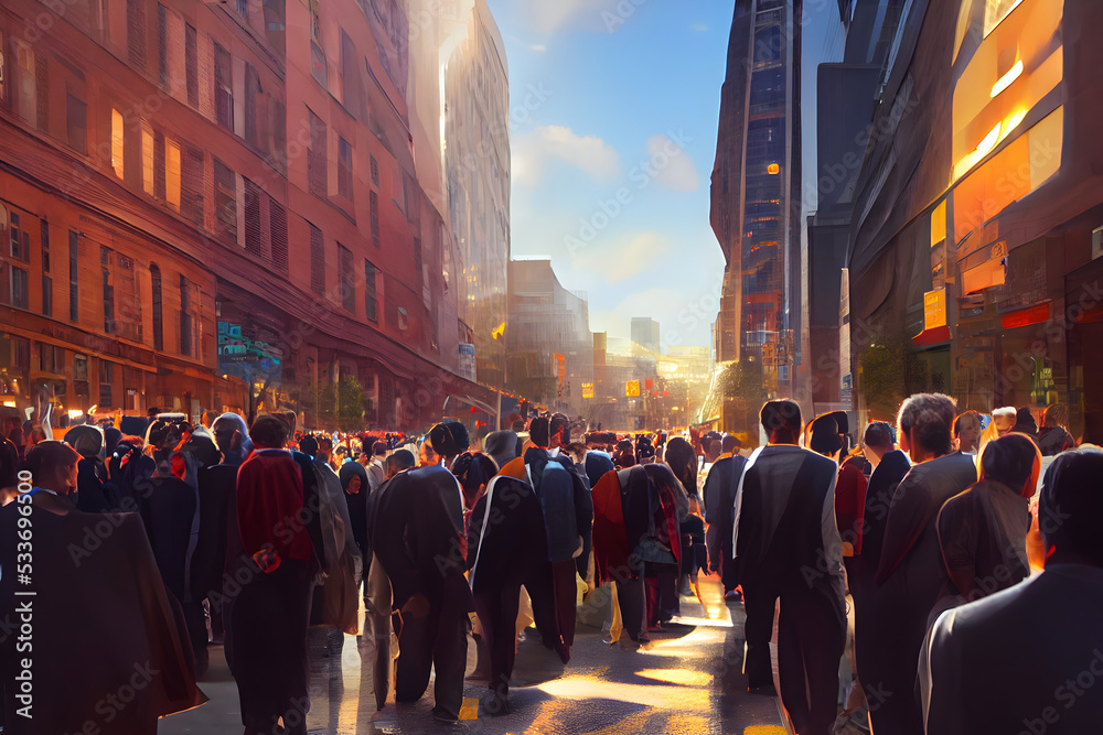 crowd of office suit wearing people walking to work at downtown street ...