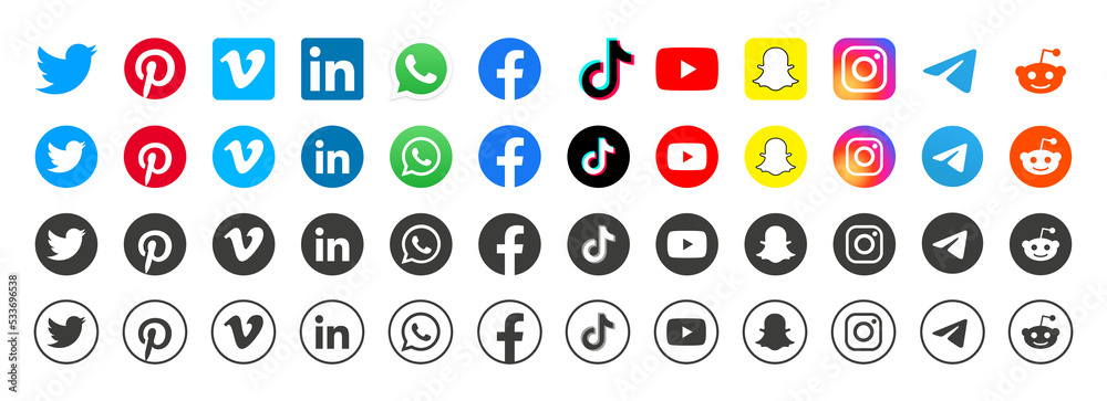 Round social media icons or social network logos flat icon set ...