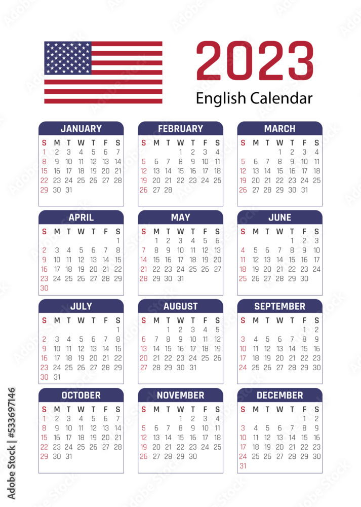 2023 English Calendar. English Calendar 2023. English 2023 Calendar ...