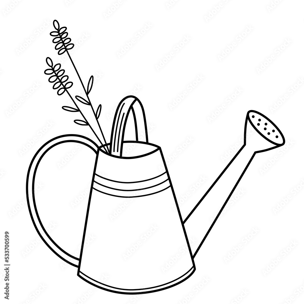 Watering can for garden, doodle icon of metal water can with lavender ...