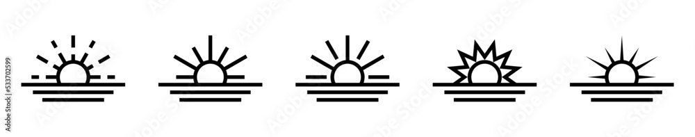 Conjunto de icono de sol naciente. Puesta de sol. Amanecer y atardecer ...